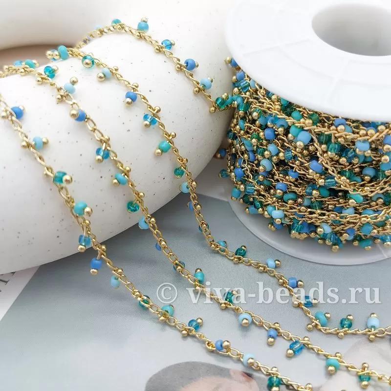 10 см Цепь с бисером бирюзовый, позолота (7130) | | Заказать в интернет-магазине Viva Beads